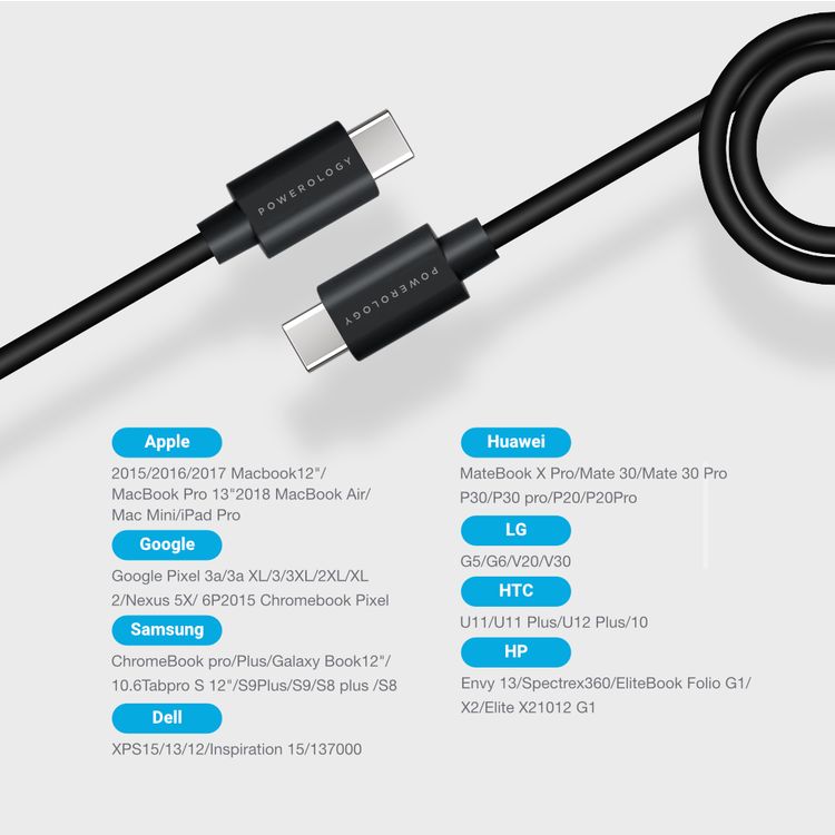 Powerology PVC Type-C to Type-C PD Cable 1.2M, Power Delivery, Fast ...